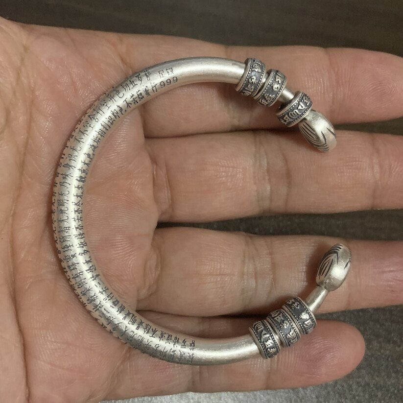 S999 Real Silver Six Character Mantra Heart Sutra Bangle For Woman – Gofaer Finds store!