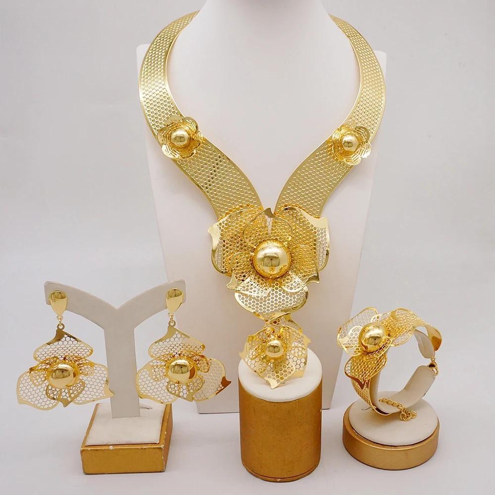 Luxury African Gold Color Flower Big Original Necklace Earring Bracele ...