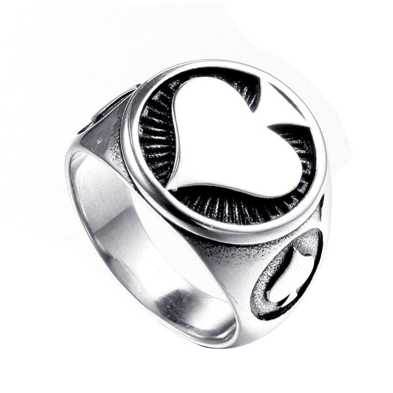 Simple Gambler Stainless Steel Lucky Spades A Ring Men Punk Biker Luck ...