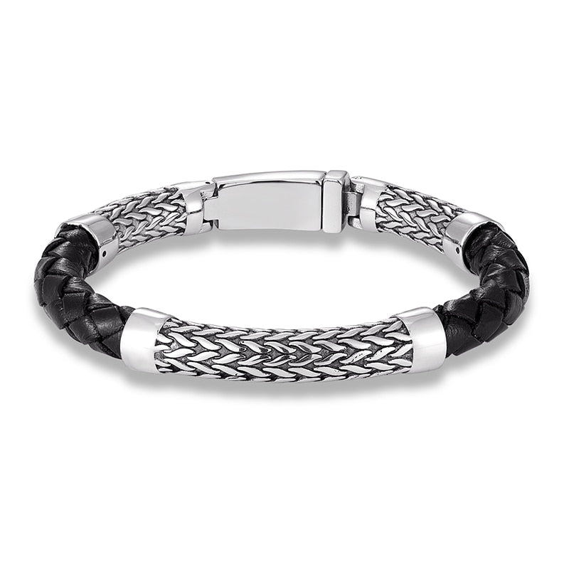 Stainless Steel Men Bracelet Retro Viking Leather Metal Bracelets ...