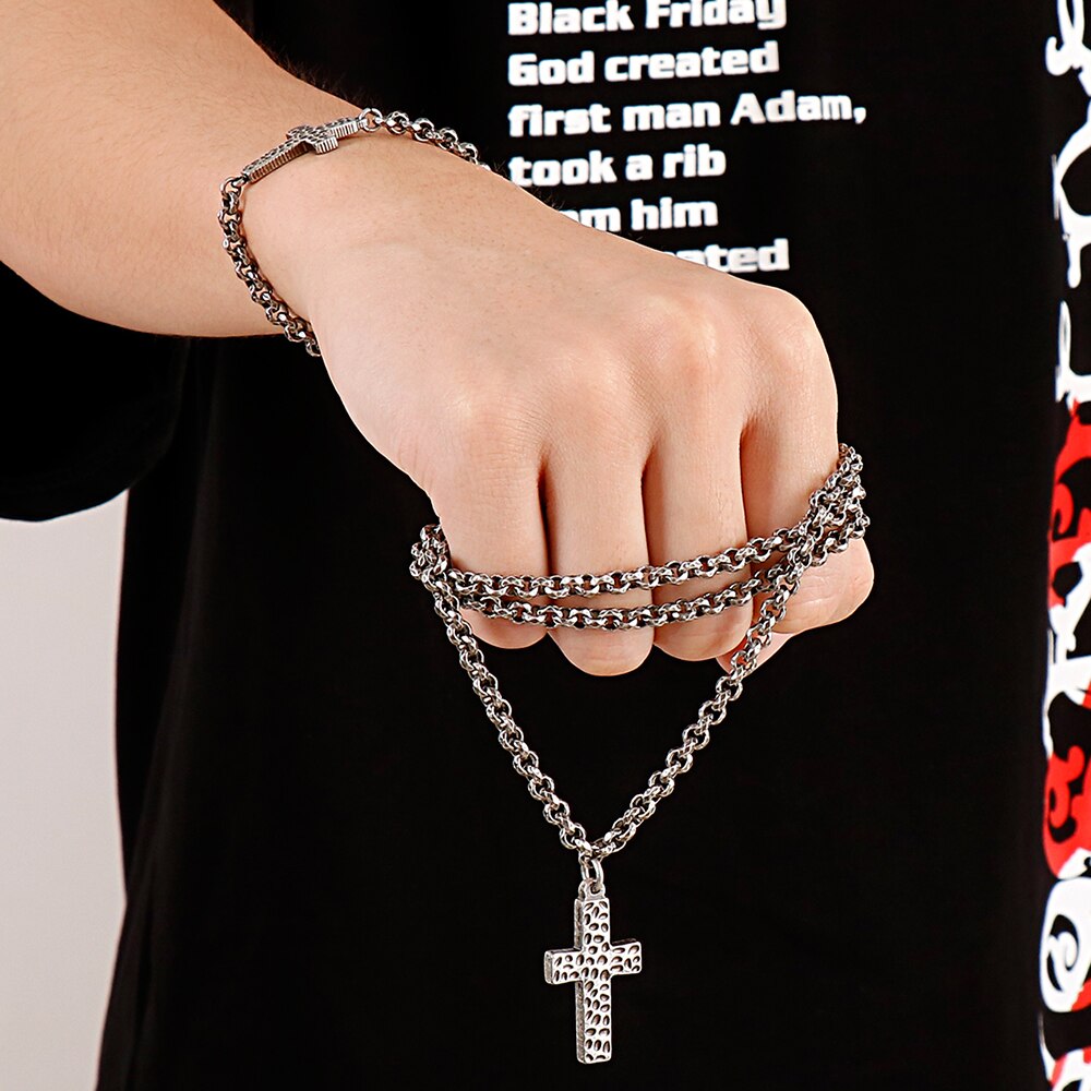 Classic 5MM Thick Chain Link & Cross Bracelet Men Male Religious Jewel ...