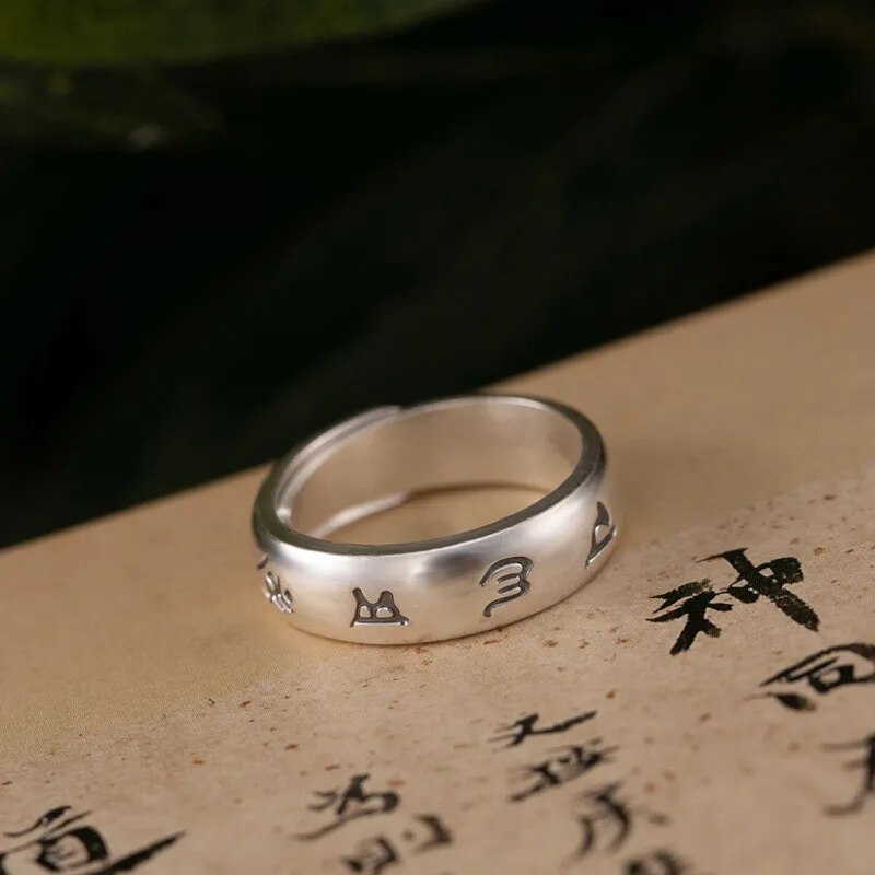 999 Pure Silver Matte Six-character Mantra Opening Adjustment Rings ...