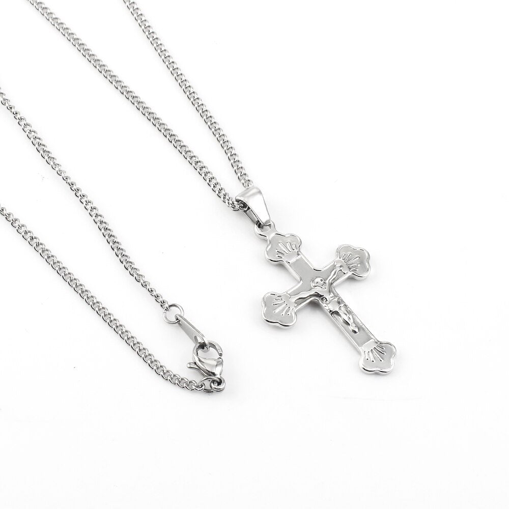 2mm Men's Necklace Stainless Steel Curb Cuban Link Chain Cross Pendant ...