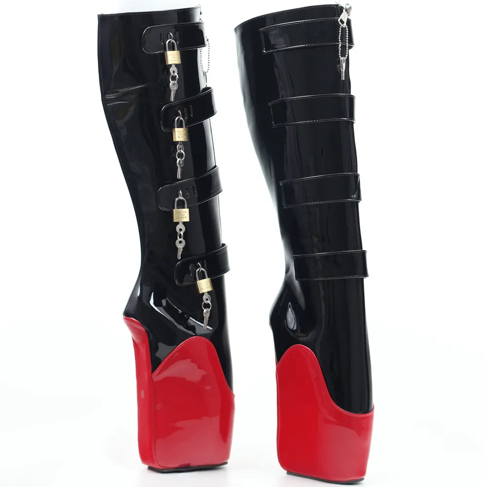 New 8 Keys Strange Wedge High Heel Heelless Zipper Lockable Knee-High ...