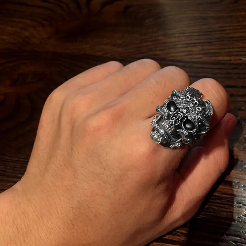 Real 925 Sterling Silver Skull Ring Men Adjustable Dragon Ring – Gofaer ...
