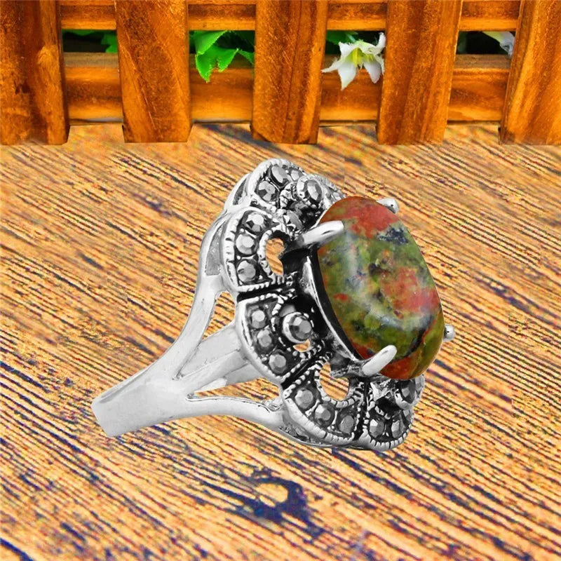 Oval Unique Natural Green Unakite Ring For Women – Gofaer Finds store!