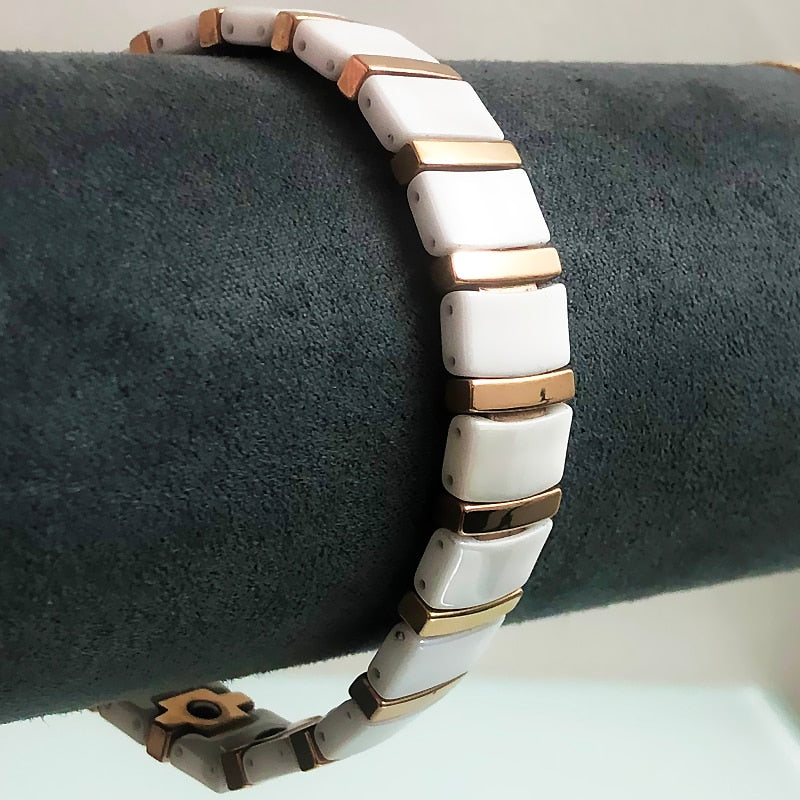 White Rose Gold Color Steel Ceramic Chain Link Bracelet for Men Women ...