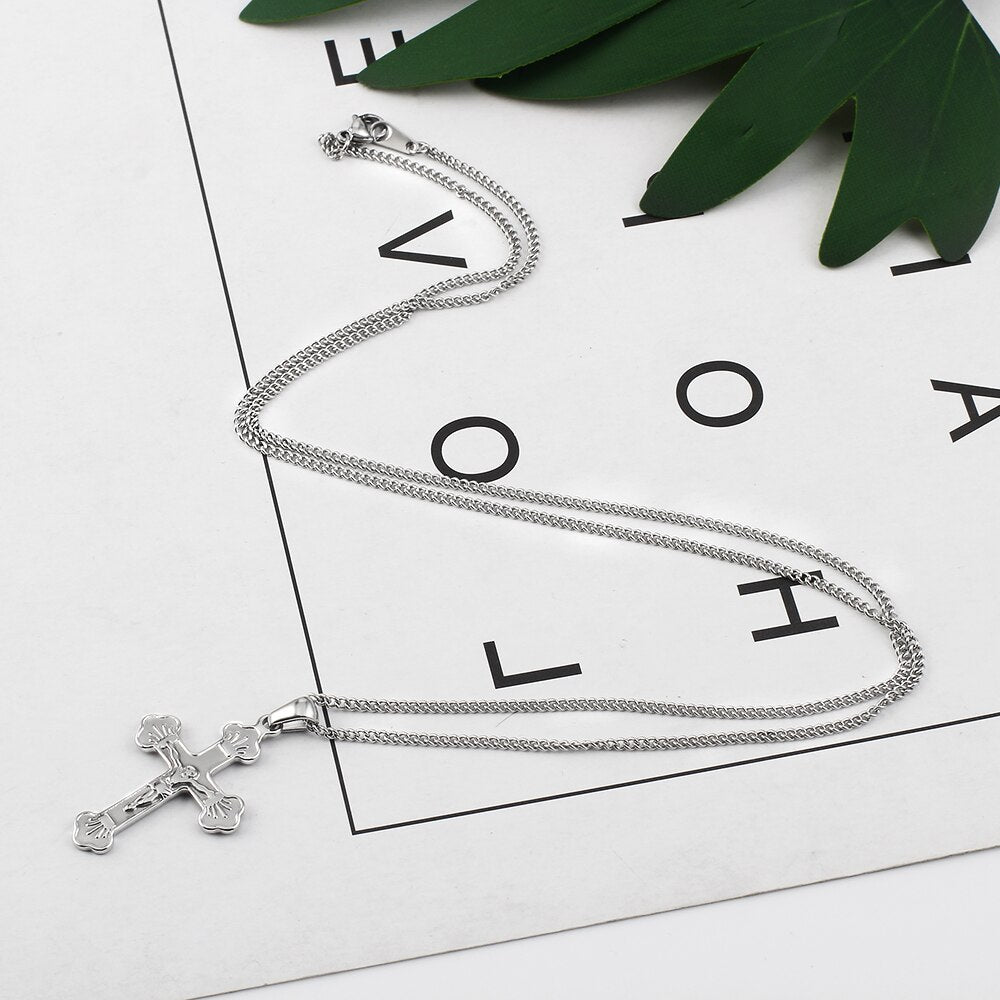 2mm Men's Necklace Stainless Steel Curb Cuban Link Chain Cross Pendant ...