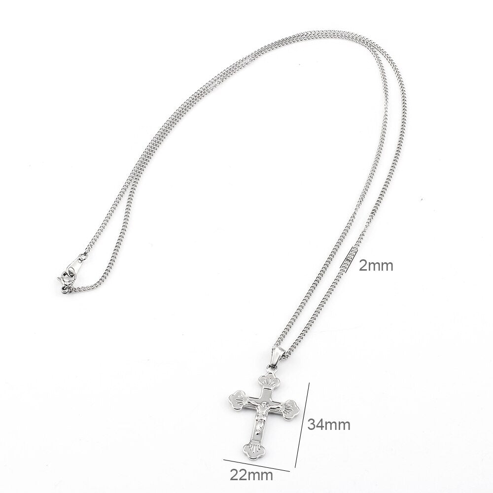 2mm Men's Necklace Stainless Steel Curb Cuban Link Chain Cross Pendant ...