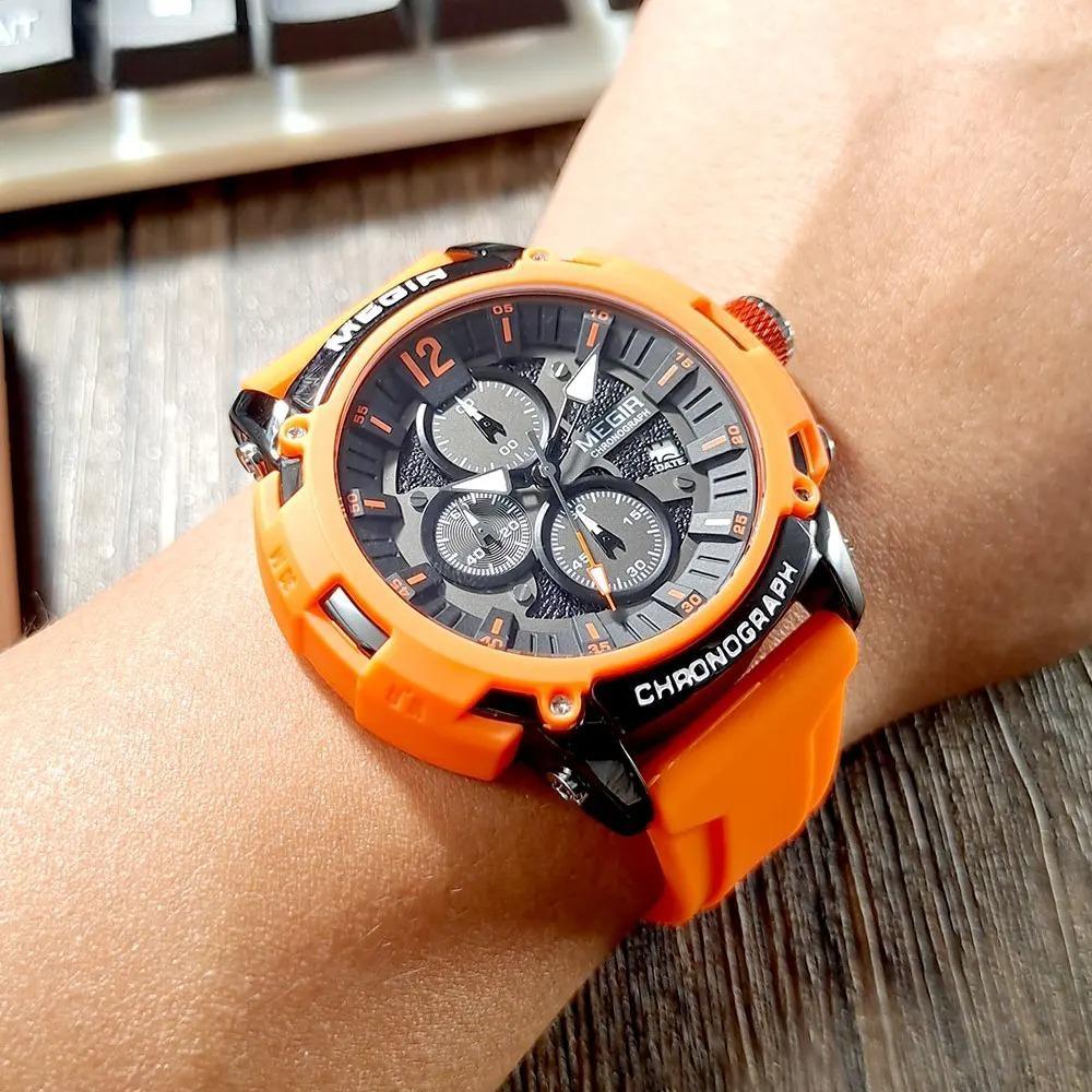 Orange Sport Watches for Men Fashion Waterproof Luminous Chronograph Q ...