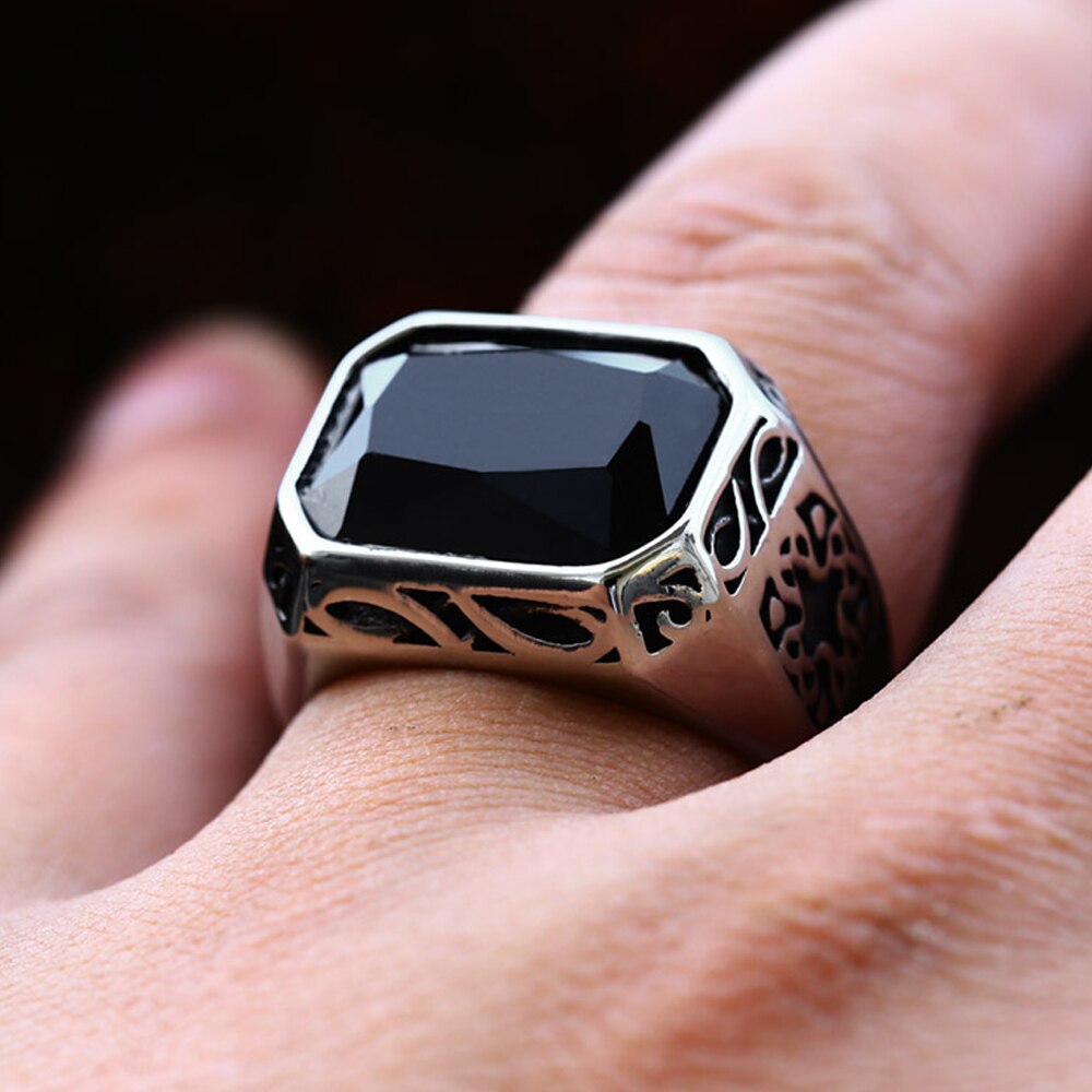New Design Vintage Stainless Steel Rectangle Shape Black Stone Ring Fo ...