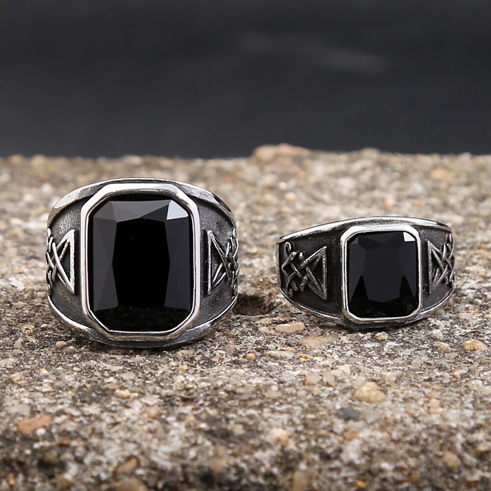 Gothic Vintage Men's Black Stone Ring With Lucifer Satan Signet Stainl ...
