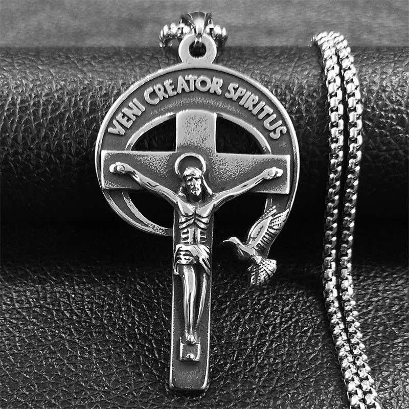 Vintage Veni Creator Spiritus Crucifix Cross Pendant Necklace Gofaer