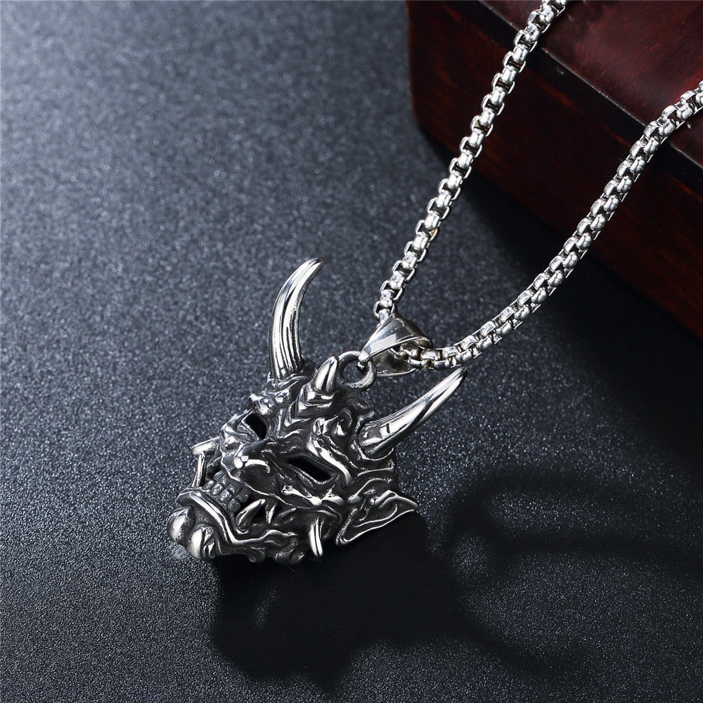Gothic Long Horn Demon Pendant Necklace Japanese Style Stainless Steel ...