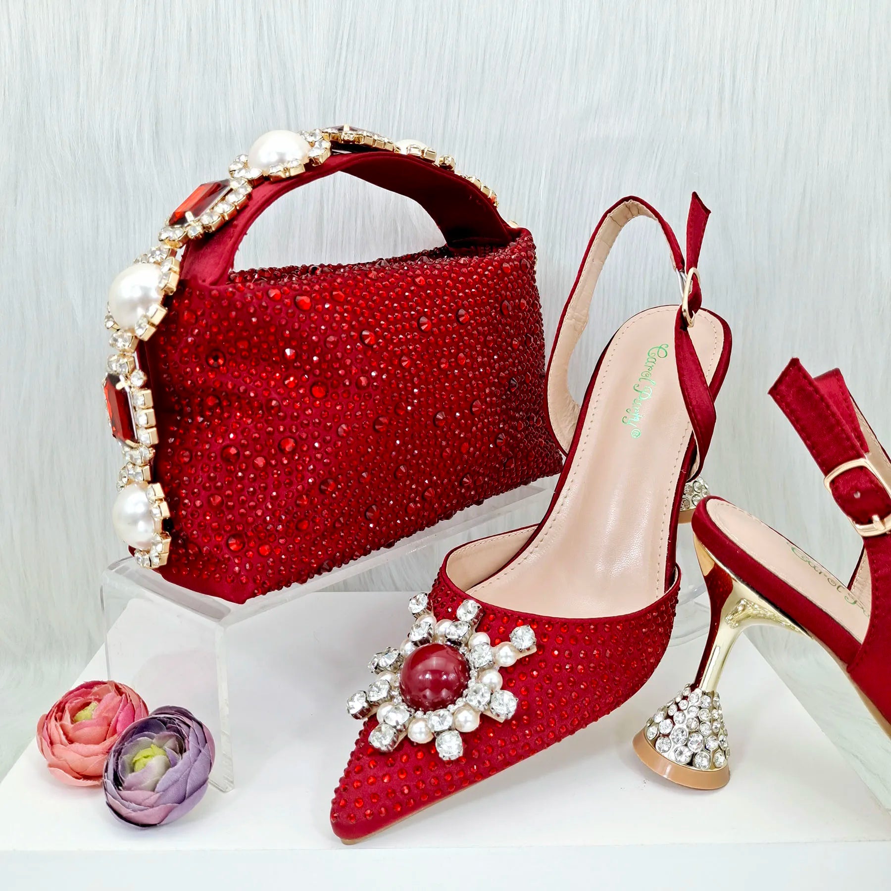 Luxury SSS Grade Burgundy High Heels Fashion Banquet Shoes Bag Set For ...