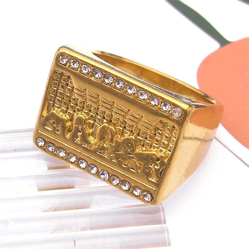Hip Hop The Last Supper Ring Male Gold Color Stainless Steel Rhineston ...