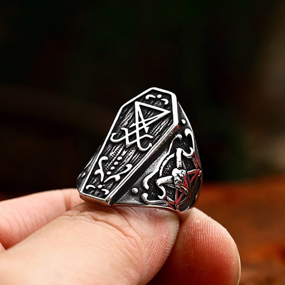 New Vintage Lucifer Satan Coffin Ring For Men Boys 316L Stainless Stee ...