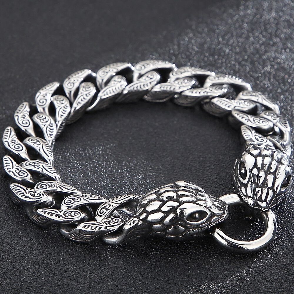 Gothic Double Snake Head Bracelet for Men Solid Stainless Steel Retro ...