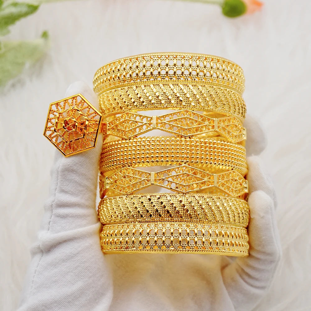 Luxury Duabi Gold Color Bangles With Ring Indian Wide Bracelet For Wom ...