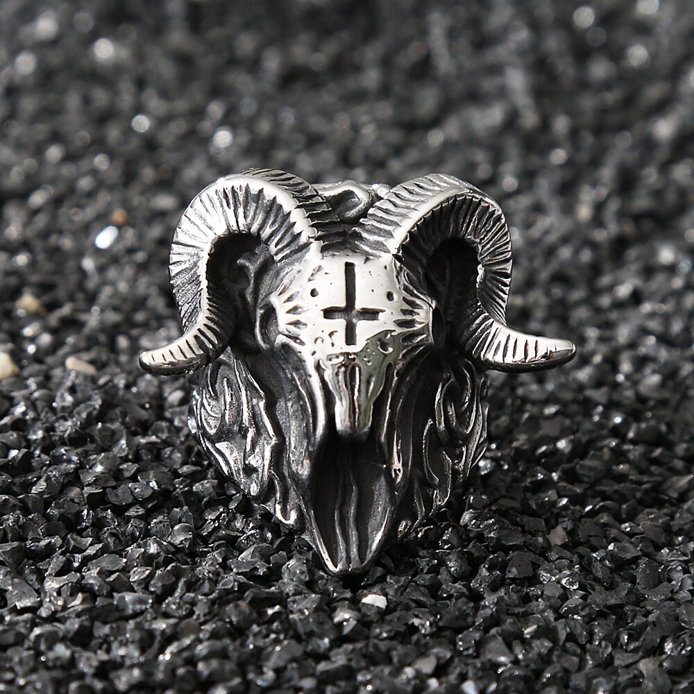 Gothic Lucifer Vintage Satan Sheep Rings For Men Punk Hip Hop Stainles ...