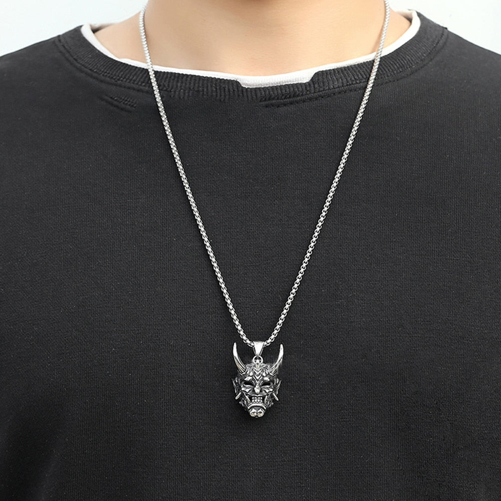 Gothic Long Horn Demon Pendant Necklace Japanese Style Stainless Steel ...