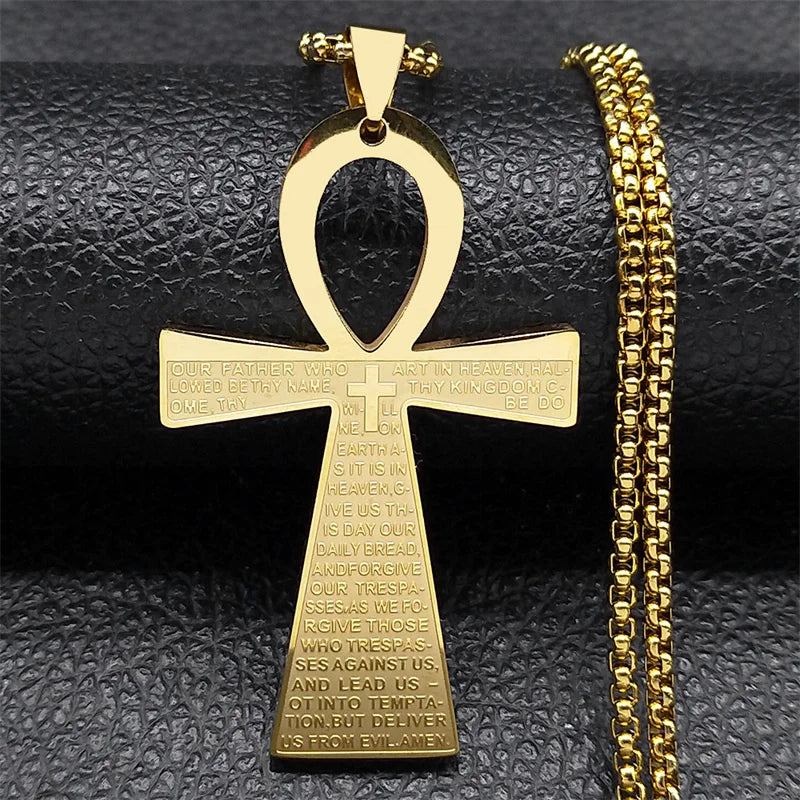 Our Father Prayer Ankh Cross Key of Life Pendant Necklace for Men Wome ...