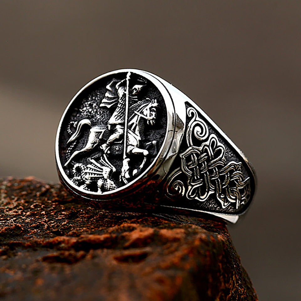 Vintage Stainless Steel Dragon Warrior St. George Ring For Men – Gofaer ...