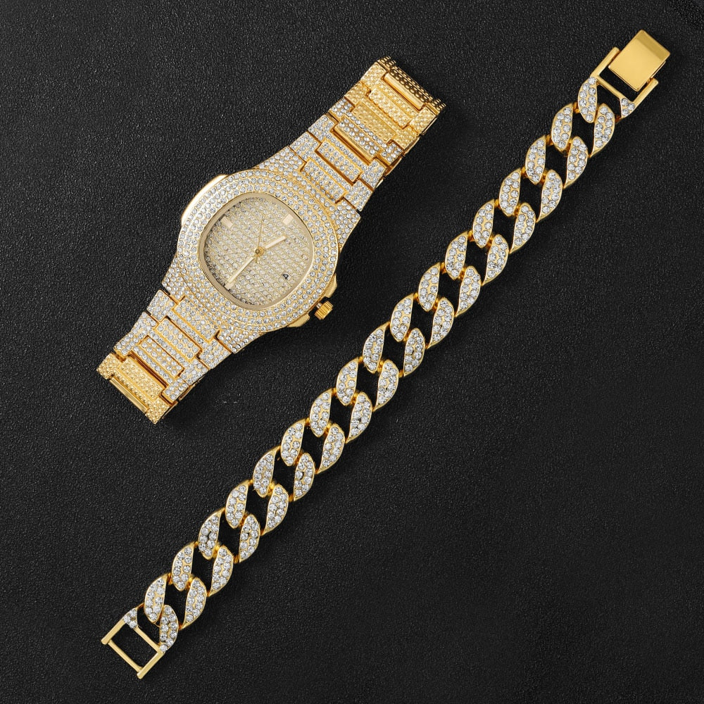 Full Iced Out Watch for Men Bling Miami Cuban Chain Bracelet Iced Out ...