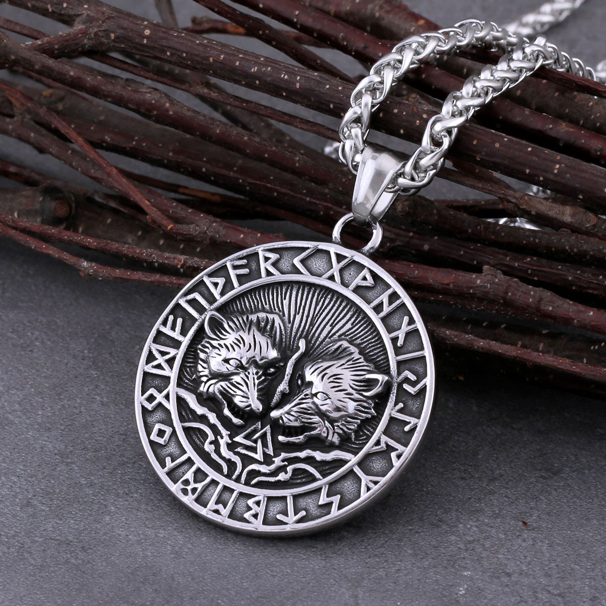 Vintage Vikings Double Wolf Valknut Necklace Stainless Steel Men's ...