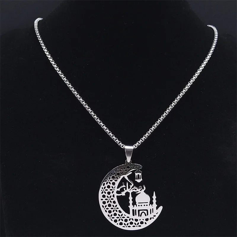 Islamic Mosque Muslim Necklace Stainless Steel Crescent Moon Quran Isl ...