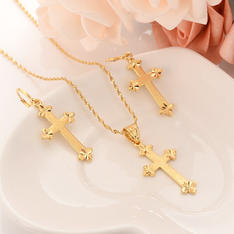 24k gold cross Pendant Necklace chain Earrings sets – Gofaer Finds store!