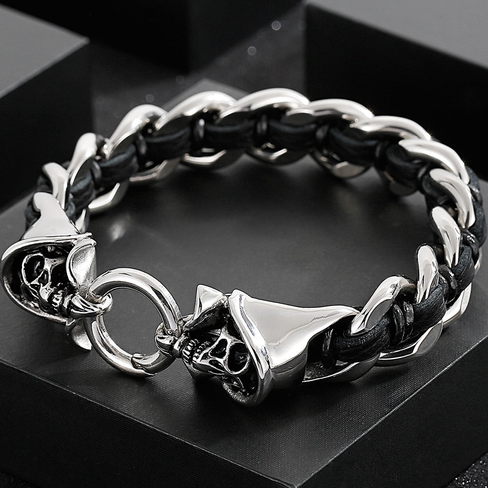 Gothic Bracelet Skull Head Wristbands Male Boys Big Size 24CM 9.4Leath ...