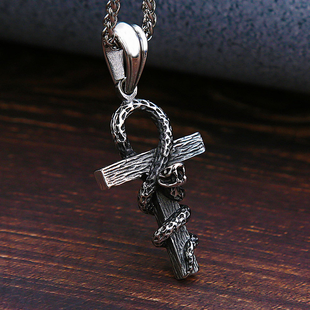 Vintage Stainless Steel Cross Snake Necklace Men Fashion Ancient Egypt ...