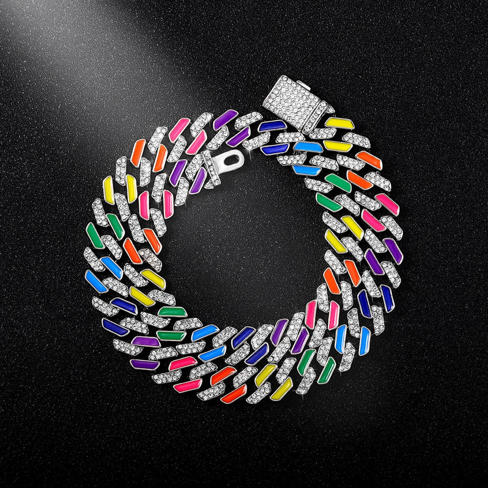 Hip Hop 12mm colorful Cuban Link Chain For Men Iced Out Bling Cuban Ch ...