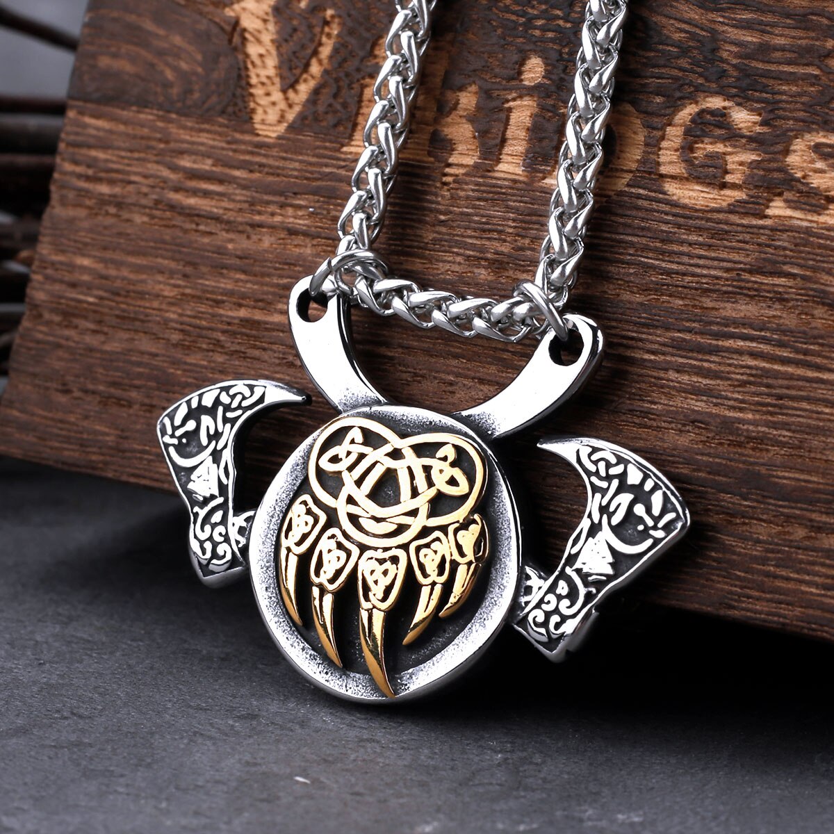 Stainless Steel Vikings Celtic Bear Claw Axe Necklace Men's – Gofaer ...