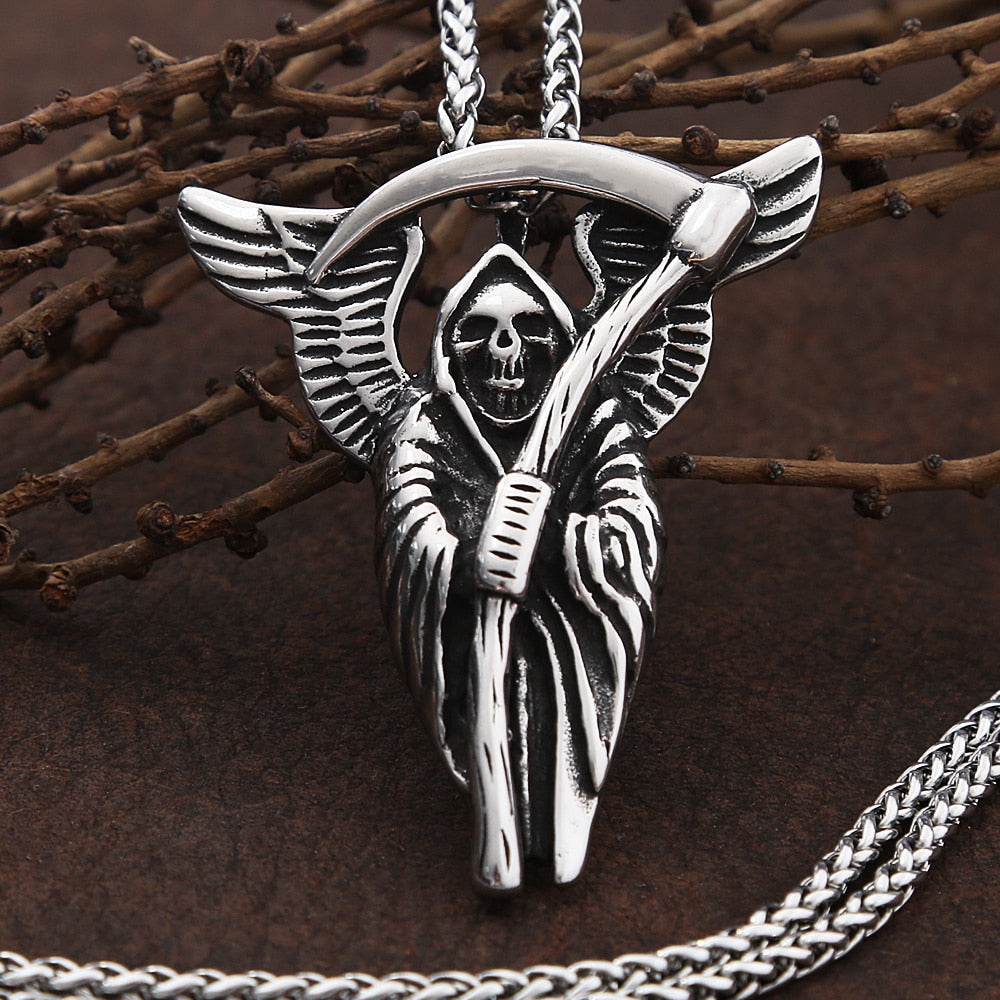 Gothic Grim Reaper Scythe Skull Pendant Necklace Mens – Gofaer Finds store!