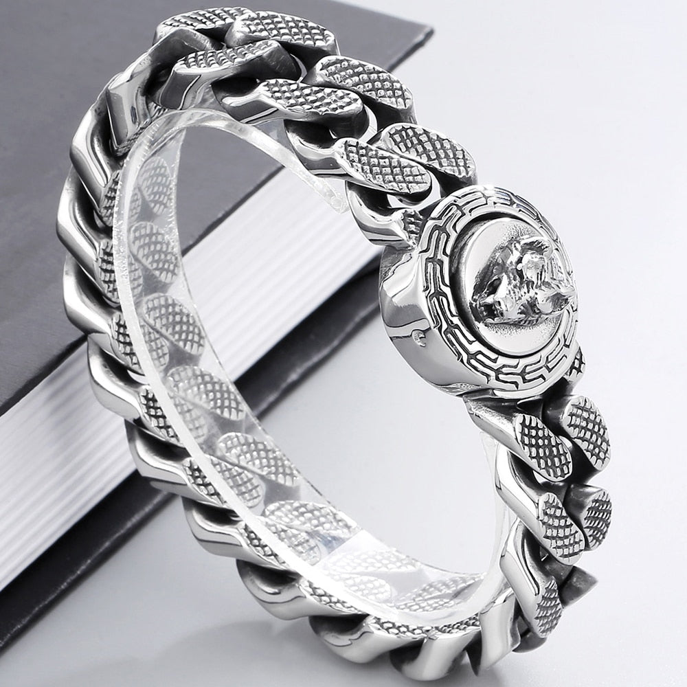 Gothic Wolf Head Bracelet for Men Solid Stainless Steel Retro Curb Lin ...