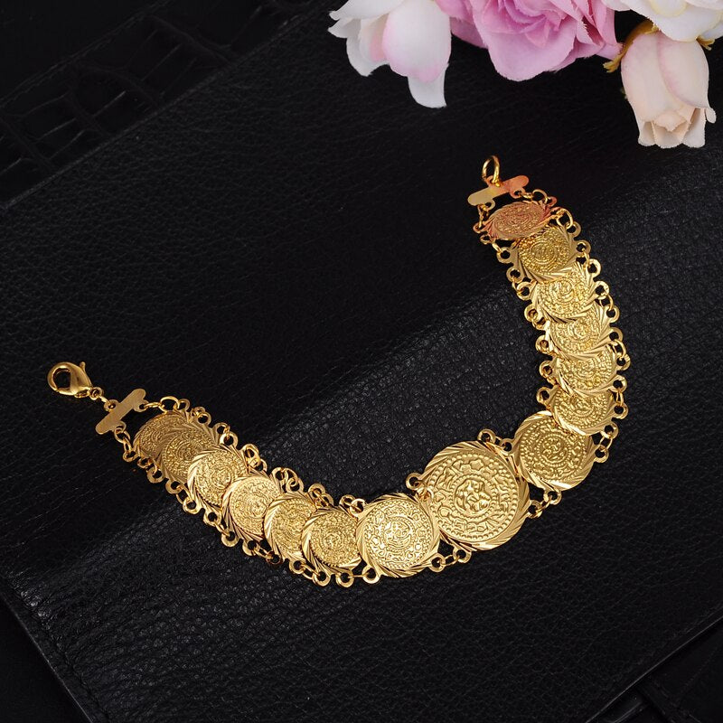 24k 21cm Money Coin Bracelet Gold Islamic Muslim Arab Women Jewelry Ba ...