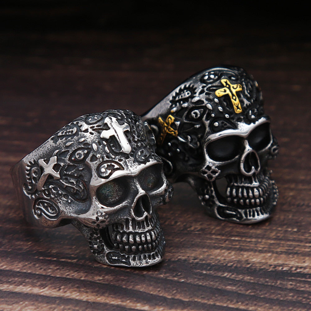 Vintage Men Skull Cross Ring Punk Hip Hop Cool Men Stainless Steel Bik ...