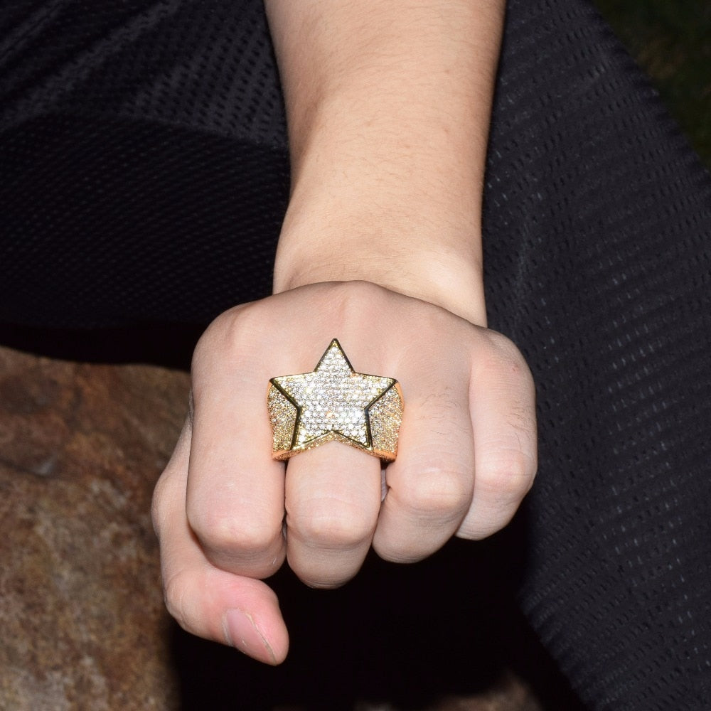 Men Star Ring Charm Gold Color Full Zircon Fashion Hip Hop Rock Jewelr ...