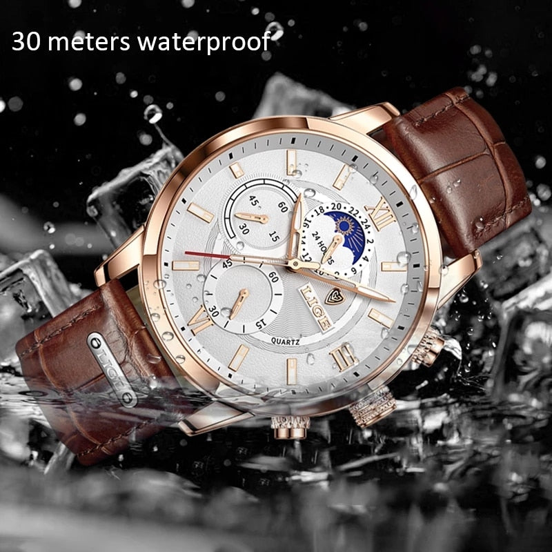 24Hour Moon Phase Men Watch Sport Waterproof Quartz Chronograph+Box ...