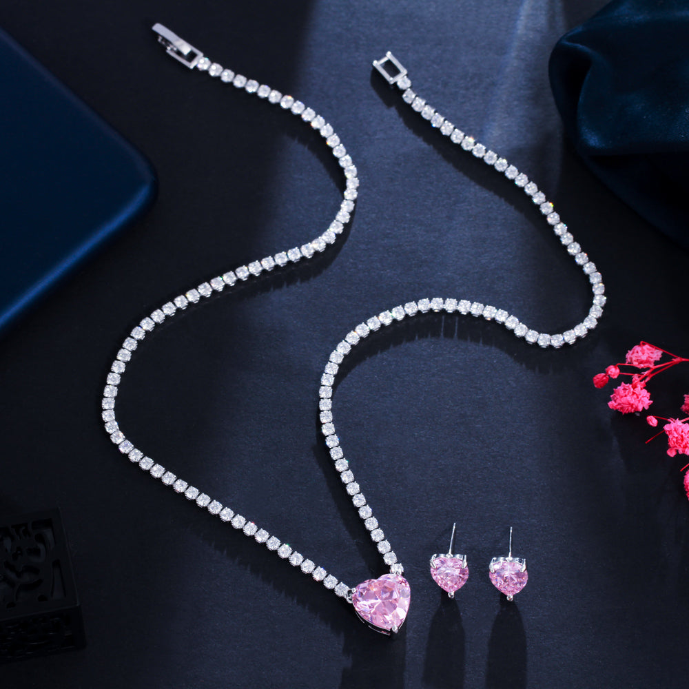 Cute Romantic Love Heart Shape Pink Cubic Zirconia Crystal Jewelry Set ...