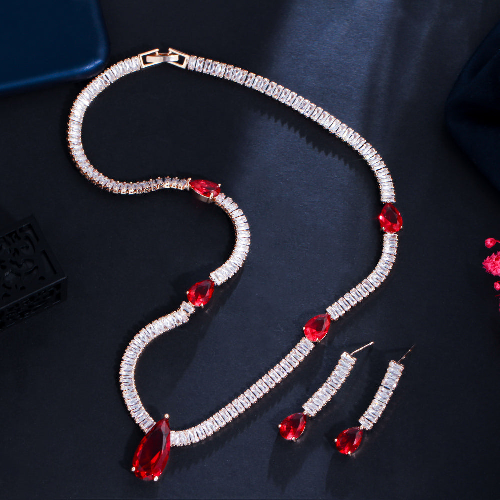 Shiny Red Water Drop Cubic Zirconia Women Party Necklace Earrings Set ...