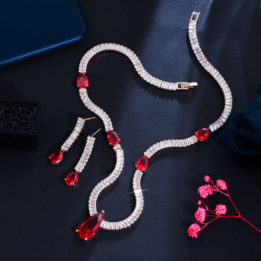 Shiny Red Water Drop Cubic Zirconia Women Party Necklace Earrings Set ...
