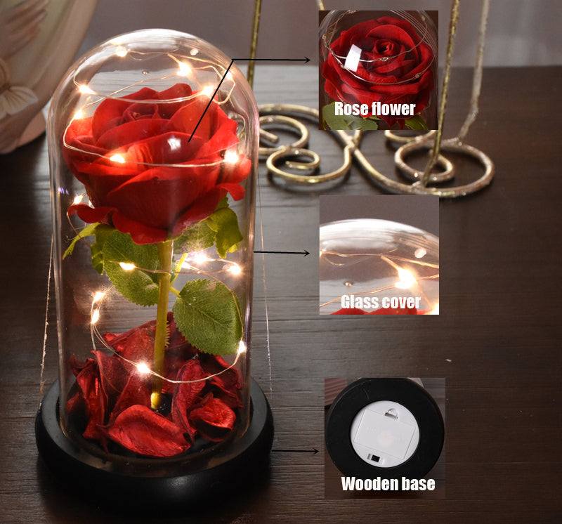 Eternal Red Rose With LED Light In Glass Dome For Wedding Party Gift ...