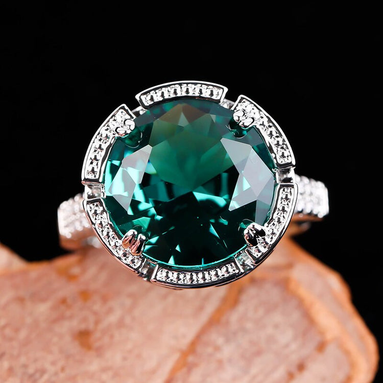 Luxury Bright Round Ring Green Stone Charm Silver Color Rings – Gofaer ...