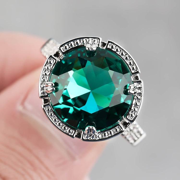 Luxury Bright Round Ring Green Stone Charm Silver Color Rings – Gofaer ...