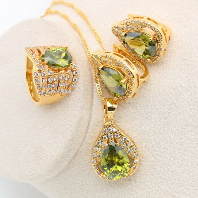 New Olive Green Zircon Silver Color Jewelry Set for Women – Gofaer ...