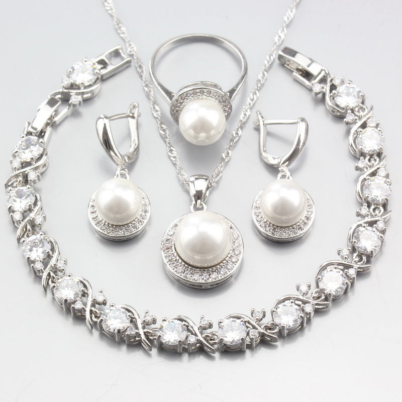 Freshwater Pearls Natural White Zircon Silver Color Jewelry Sets ...