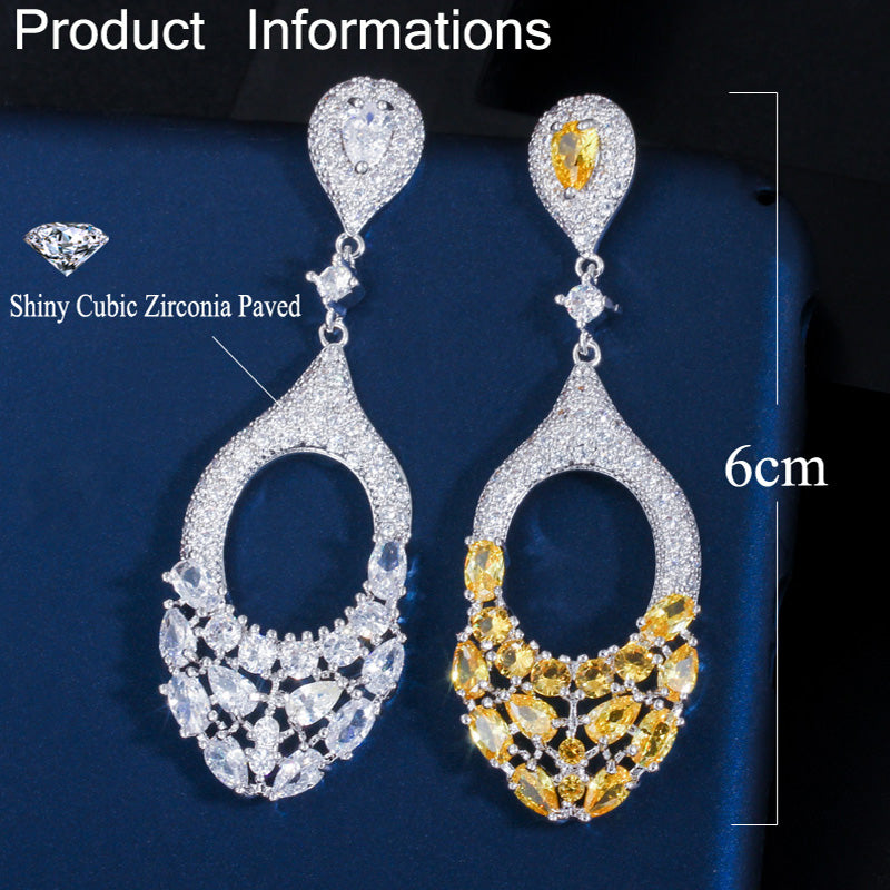 White Cubic Zirconia Bohemian Hollow Cut Long Big Round Drop Hanging E ...